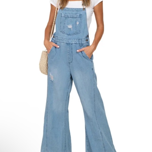 Jeans | Blue Denim Overalls With Wideleg Design And Adjustable Straps ...